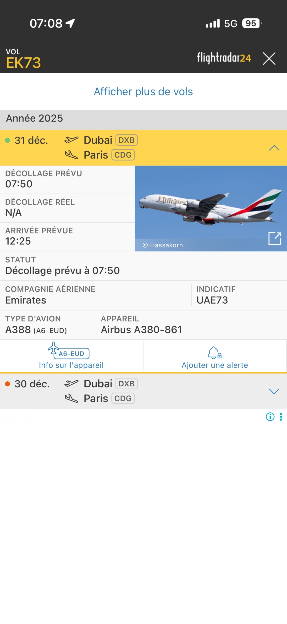 Avis du vol Emirates Dubai → Paris en Economique