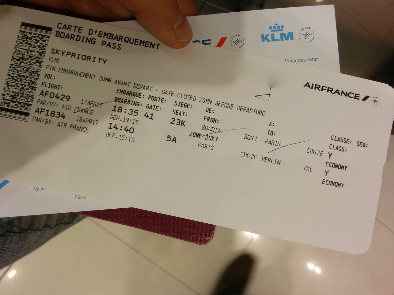 Review of Air France flight from Bogota to Paris in Economy