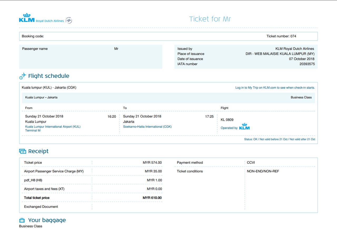 Review of KLM flight from Kuala Lumpur to Jakarta in Business