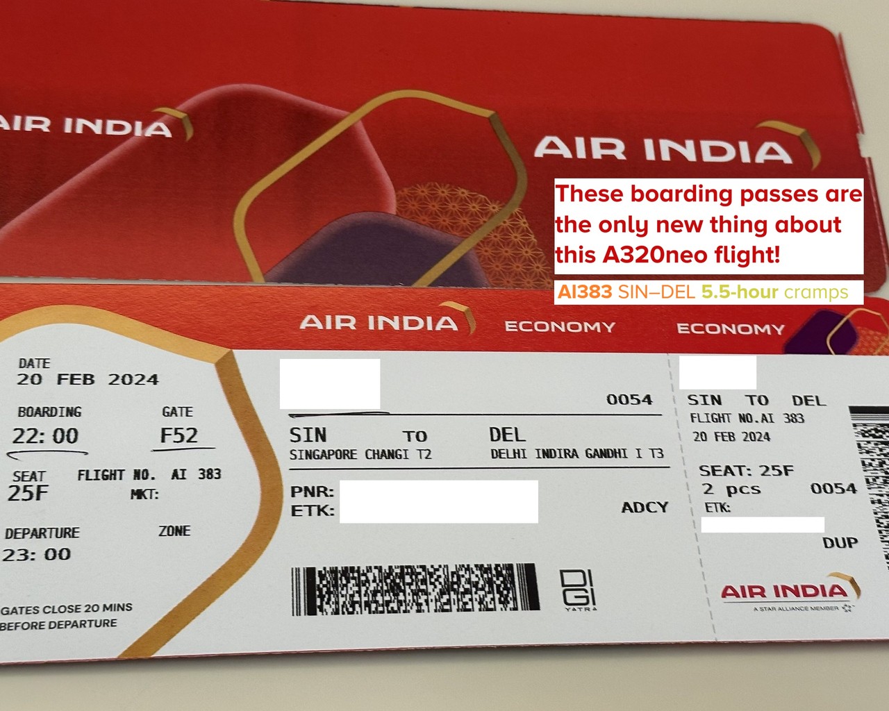 Review of Air India flight from Singapore to New Delhi in Economy